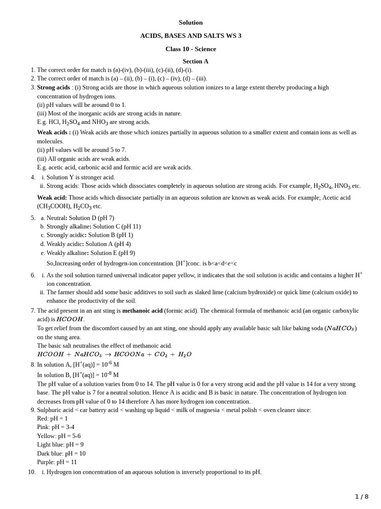Acids Bases and Salts WS 3 Sol (How Strong Are Acid or Base Solutions ...