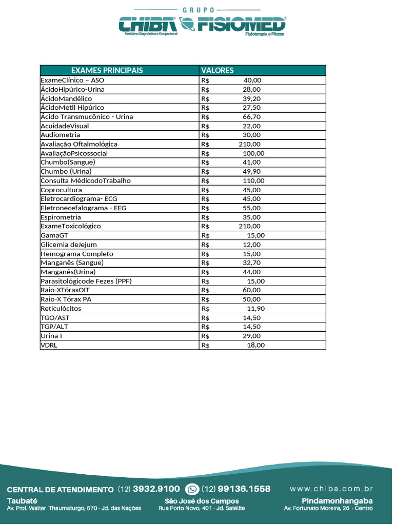 TABELA EXAMES MEDICINA OCUPACIONAL | PDF