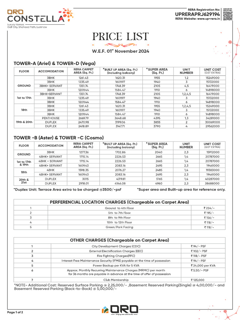 ORO Constella Price List - 01.11.2024 | PDF