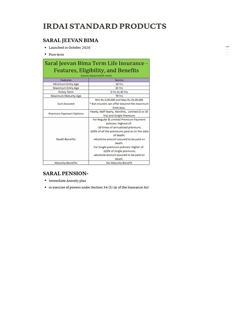 IRDAI Standard Insurance Products | PDF | Insurance | Economies