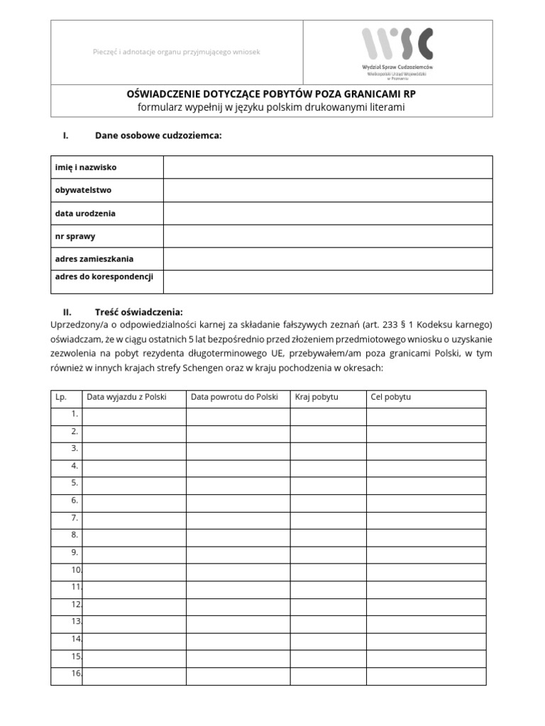 Oswiadczenie Dot. Pobytow Poza Granicami Kraju | PDF