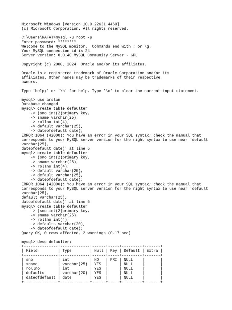 Command Prompt - Mysql - U Root - P Arslan | PDF | My Sql | Oracle Database