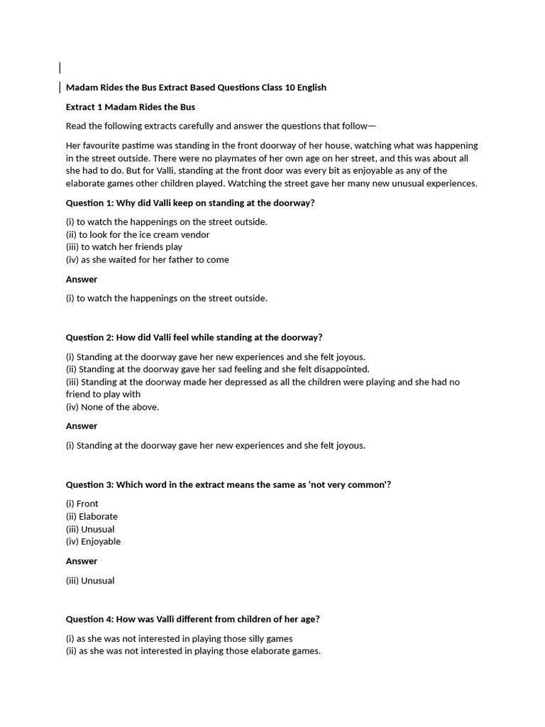 Madam Rides the Bus: Extract Questions | PDF