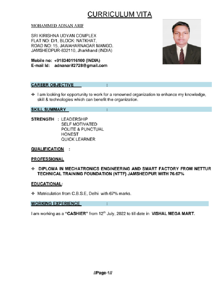 CV 2024 (Cashier) Adnan | PDF
