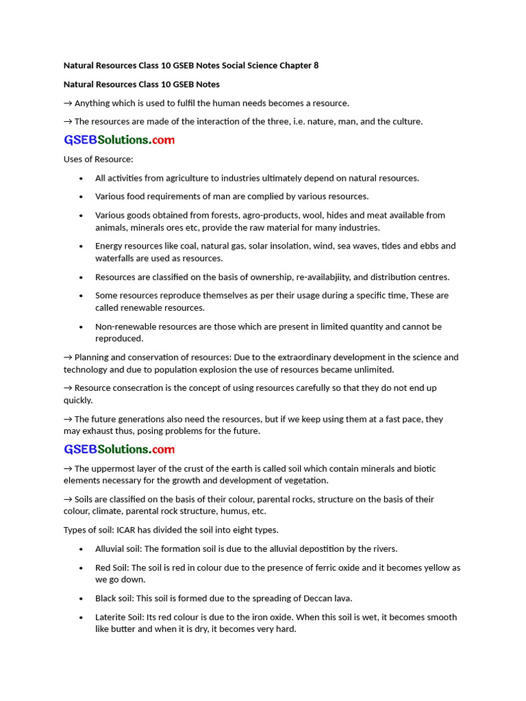 Natural Resources Class 10 GSEB Notes Social Science Chapter 8 | PDF ...