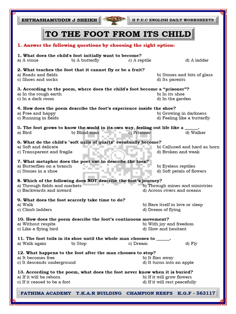 II PUC To The Foot From Its Child Daily Worksheet - 2025 | PDF | Foot ...