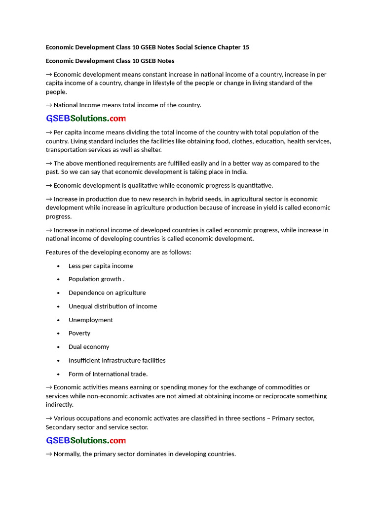 Economic Development Class 10 GSEB Notes Social Science Chapter 15 ...