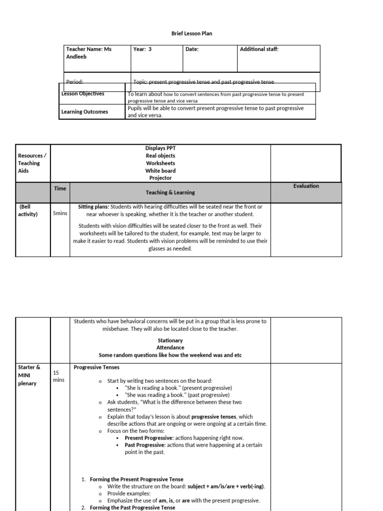 Lesson Plan 2 Present & Past Progressive Tense | PDF | Lesson Plan ...
