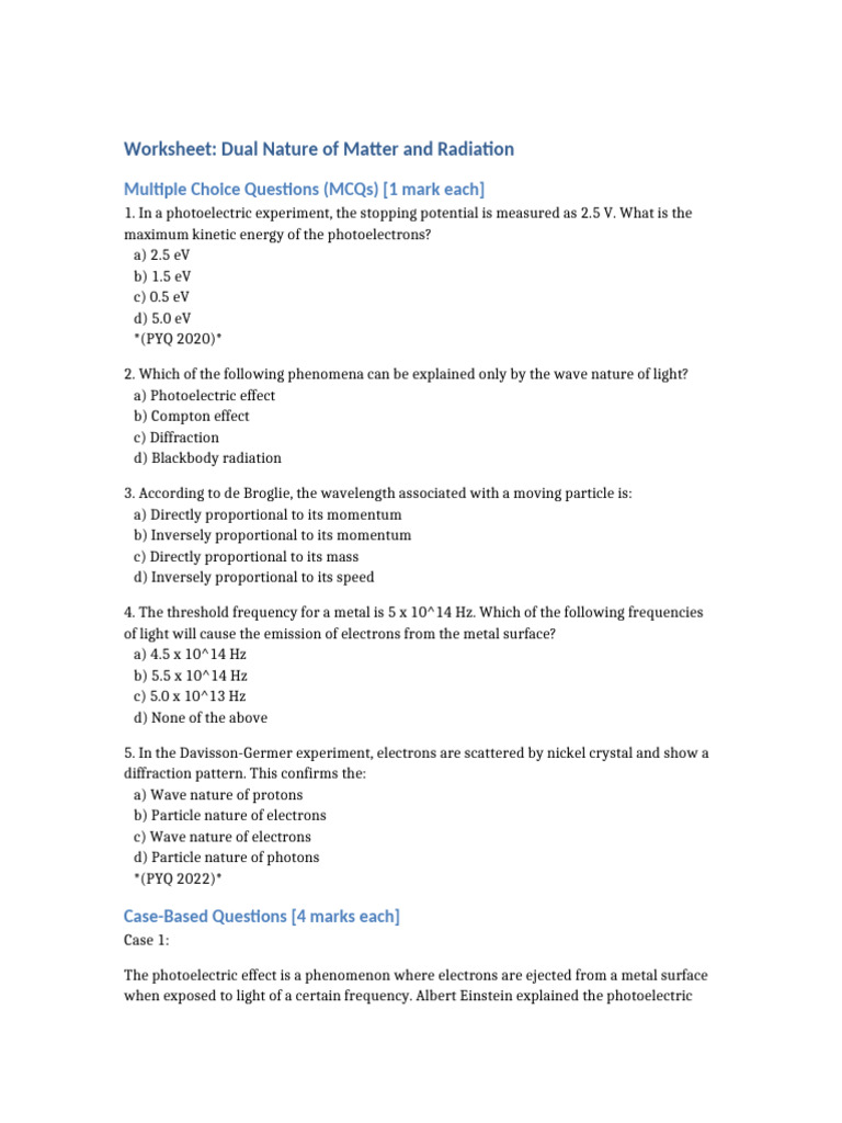 Dual Nature of Matter Worksheet | PDF | Photoelectric Effect | Electron