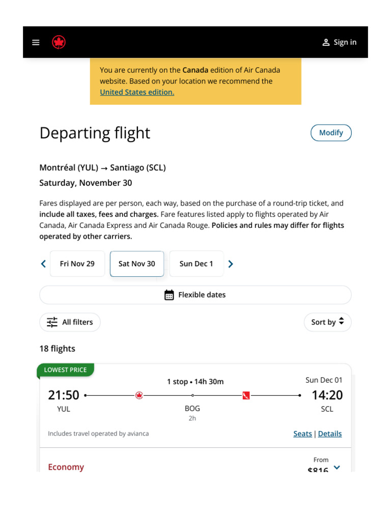 Air Canada - Select Departing Flight | PDF