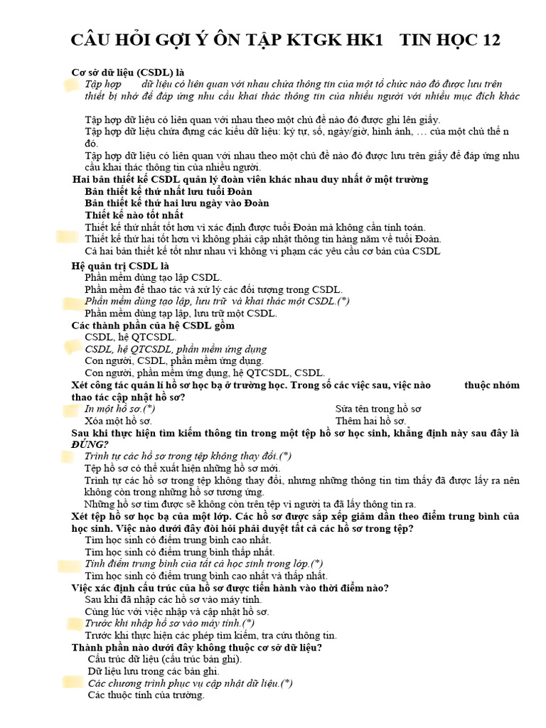 2023-2024-CauHoiGoiYOnTap-GK1-Tin12 | PDF