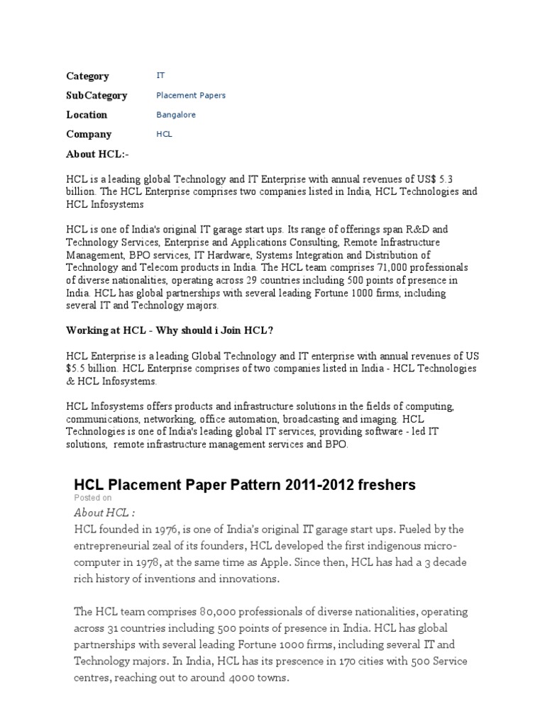 HCL Placement Paper Pattern 2011-2012 Freshers: Category Subcategory ...