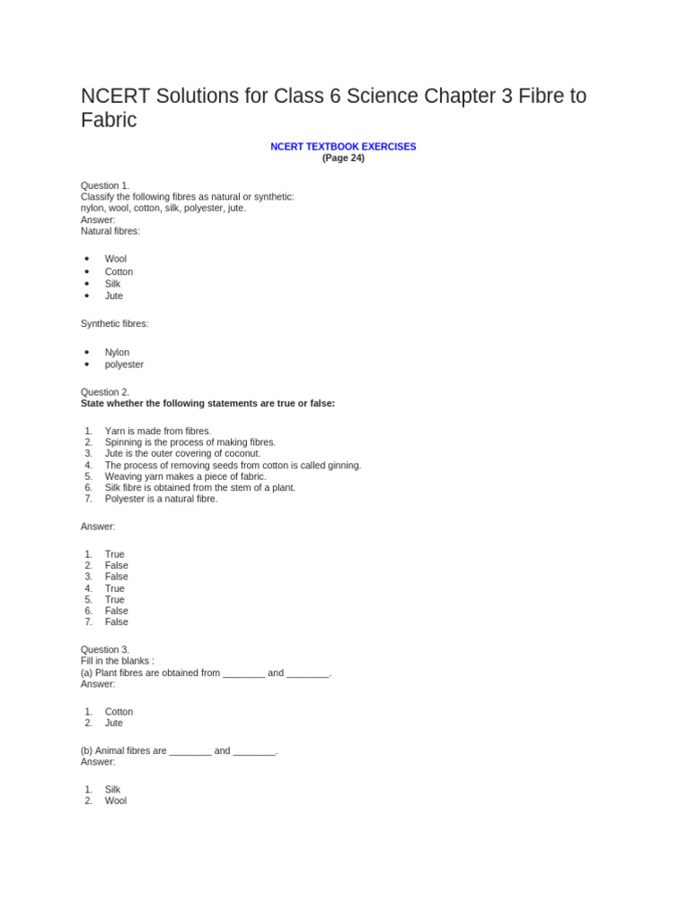 NCERT Solutions for Class 6 Science Chapter 3 Fibre to Fabric | PDF