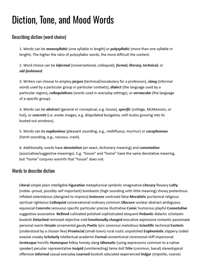 Diction, Tone, Mood Words | PDF | Word | Vocabulary