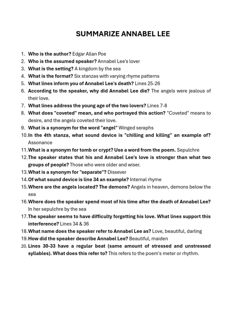 Summarize Annabel Lee + A Clean, Well-Lighted Place | PDF | Ernest ...