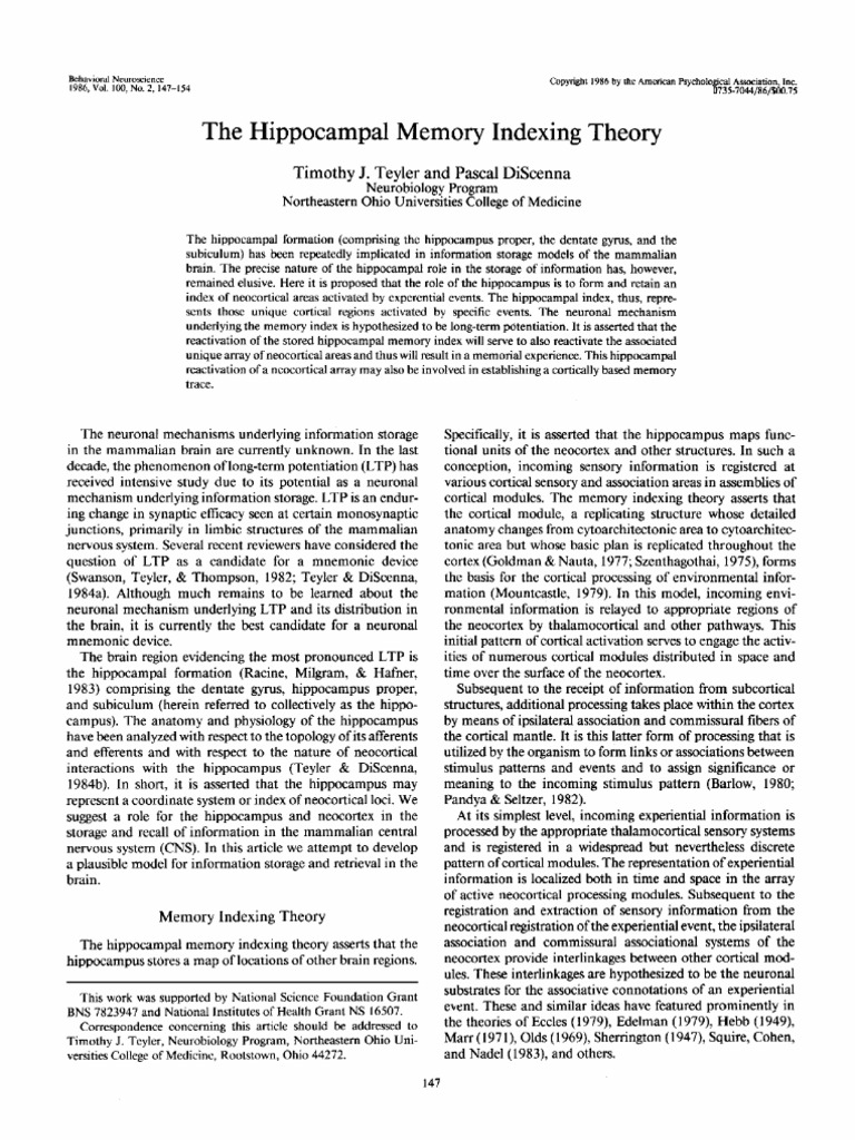 Teyler T.J., DiScenna P. - 1986 - The Hippocampal Memory Indexing Theory | PDF | Hippocampus ...