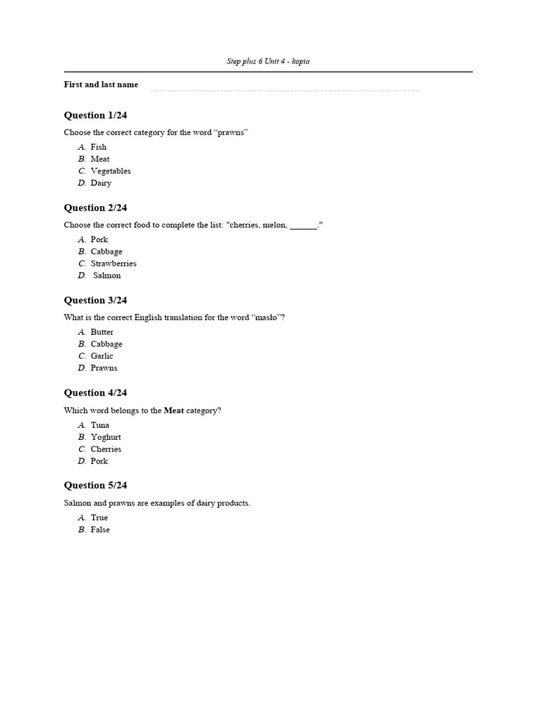 Step plus 6 Unit 4 - kopia - questions | PDF | Foods | Food And Drink ...