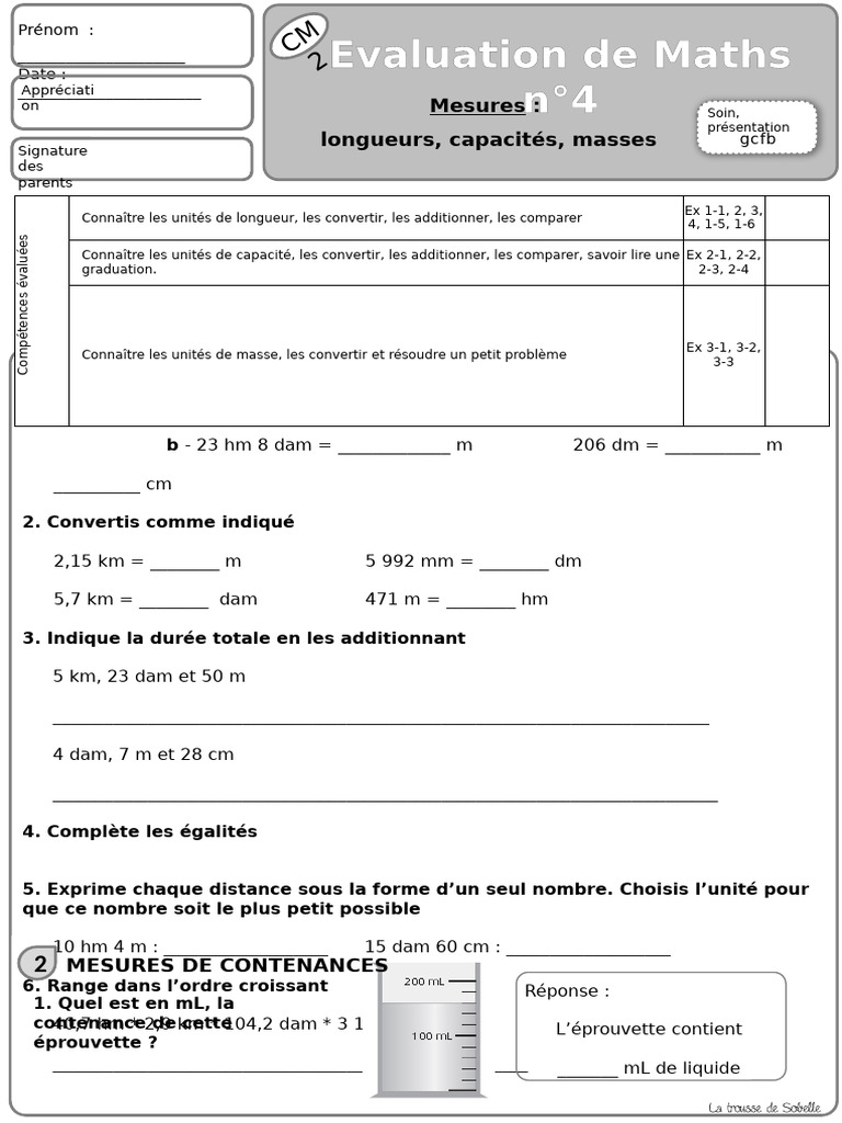 Évaluation de Maths : Mesures et conversions | PDF