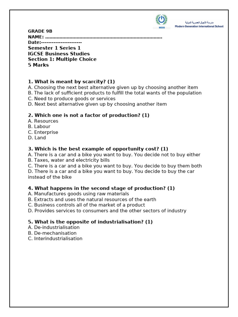 GRADE 9 Practice Questions For IGCSE Business | PDF | Business | Economics
