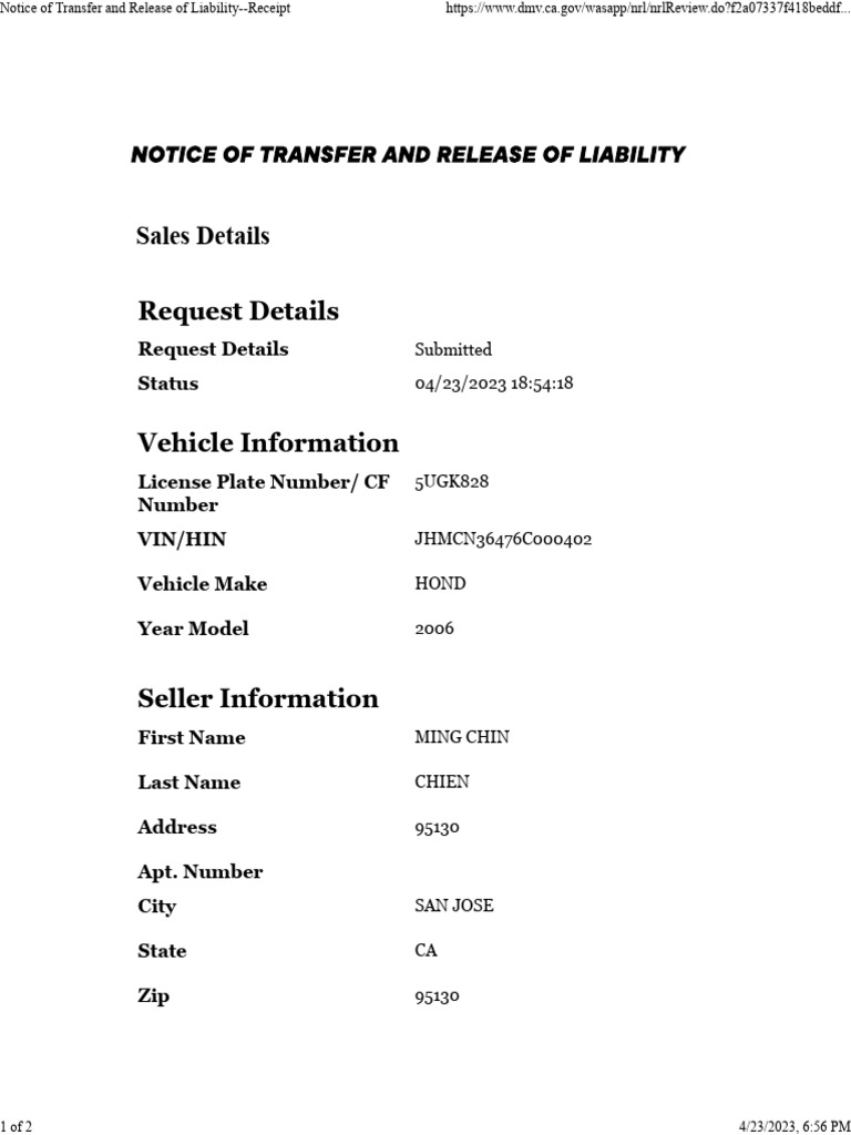 Vehicle Transfer Request Details | PDF | Department Of Motor Vehicles ...