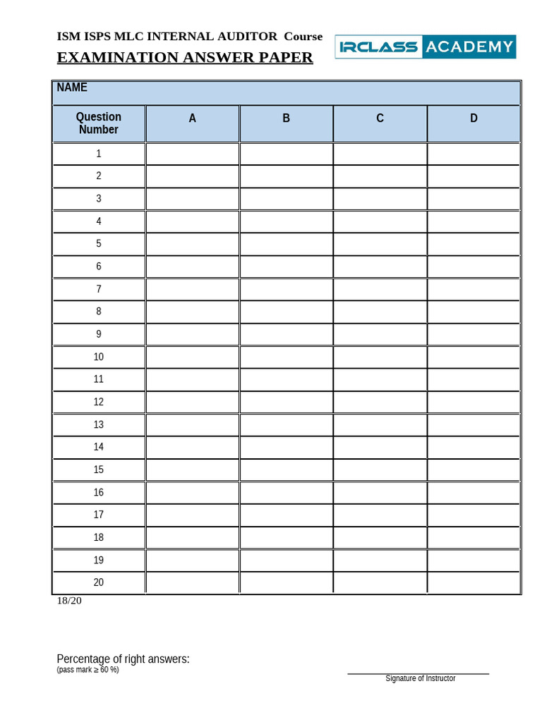 Ism Isps MLC I Training - Test - Blank - Answer - Sheet | PDF
