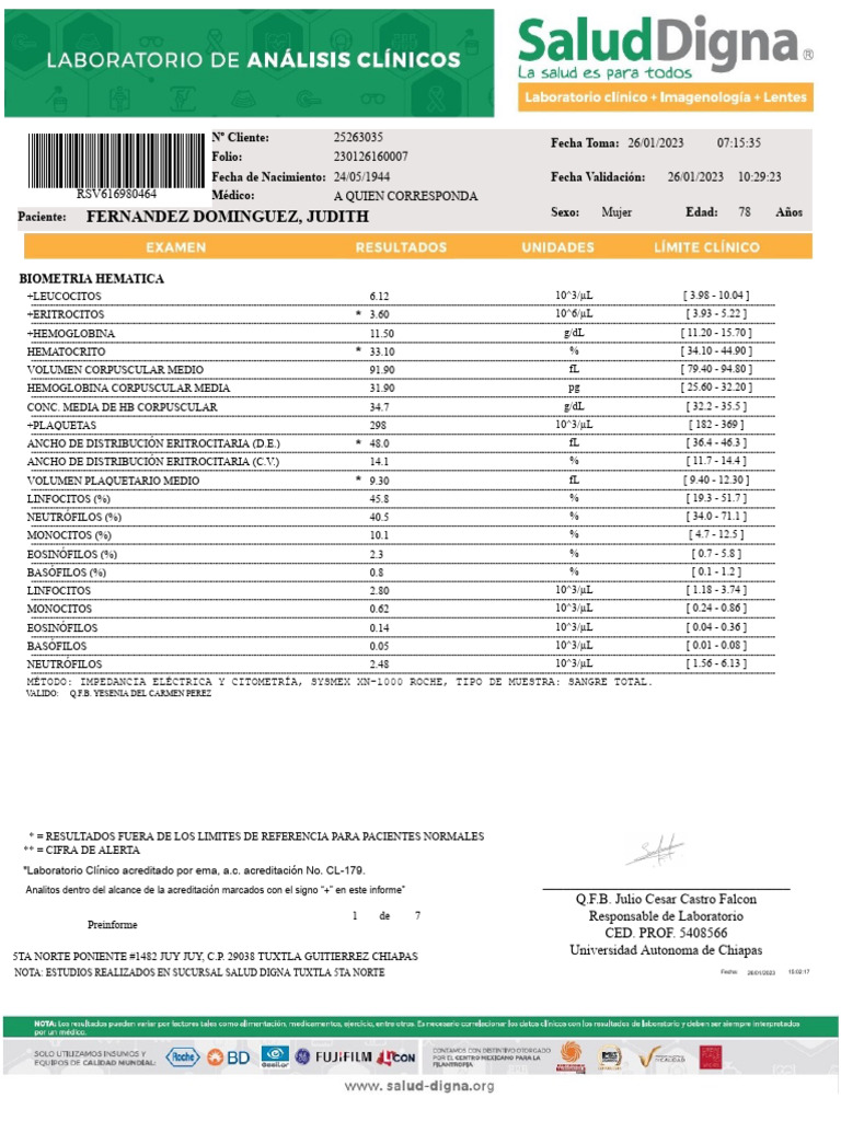 Resultados de Laboratorio Salud Digna | PDF | Pruebas medicas | Tejido ...