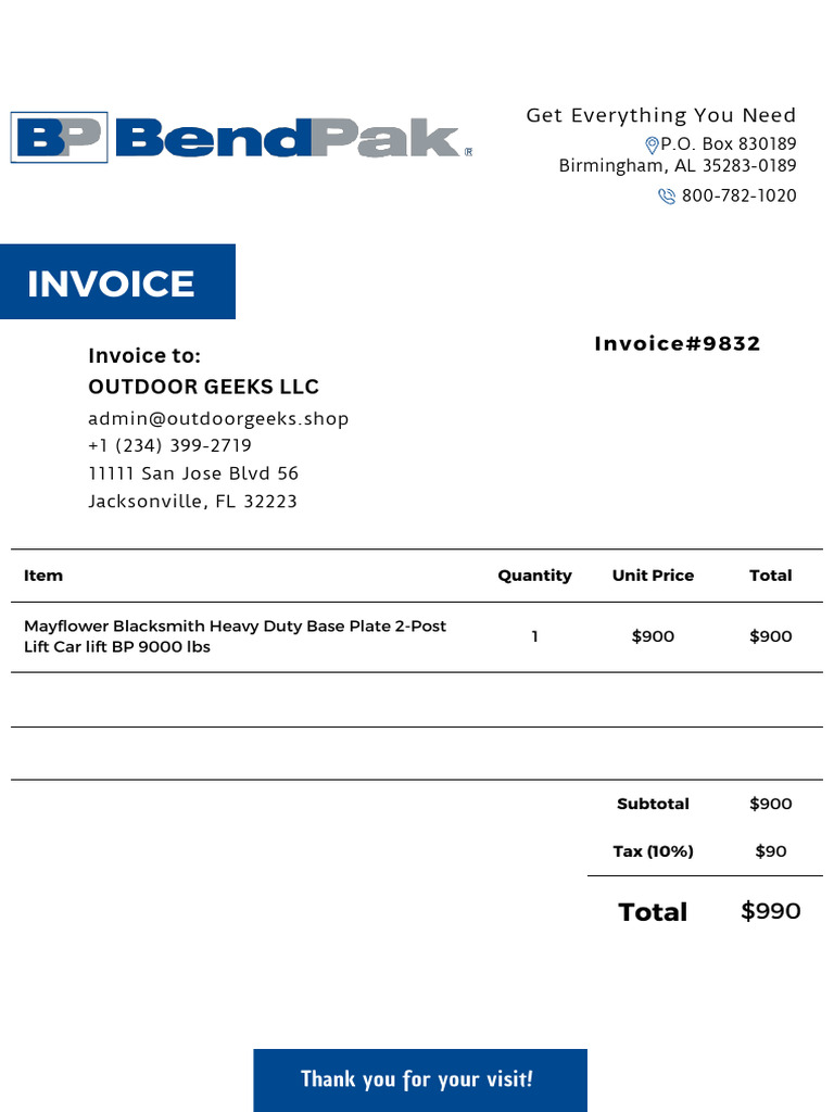 Mayflower Heavy Duty Car Lift Invoice | PDF