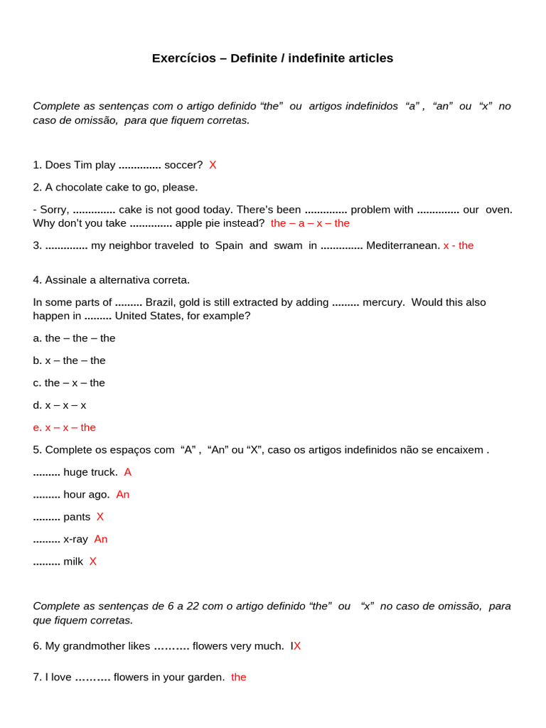 Exercícios – Definite - Indefinite Articles - Resposta | PDF