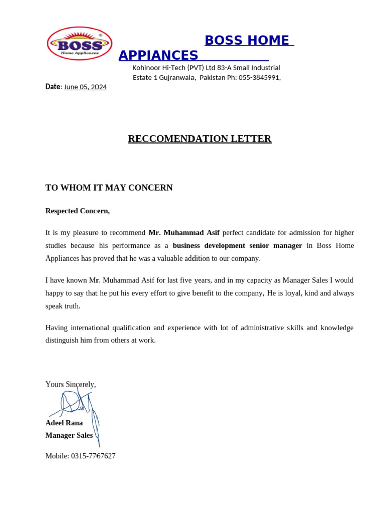 Boss Recom Letter | PDF