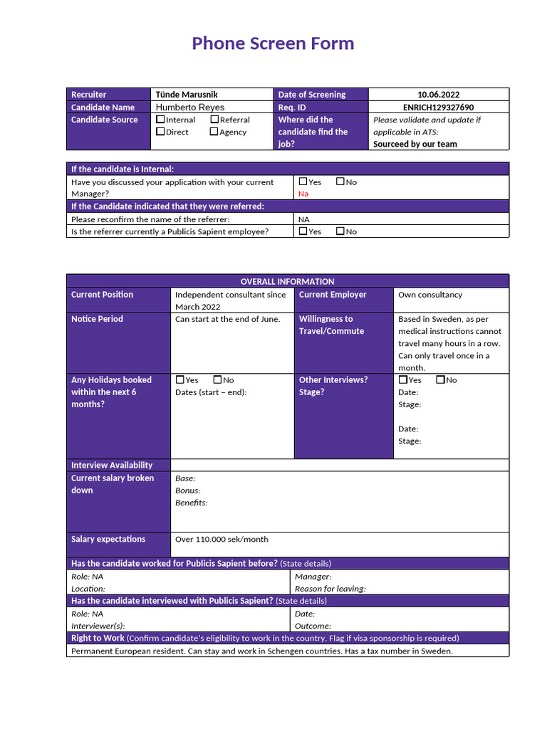 T7 - Phone Screen Form - Humberto - Reyes | PDF | Business | Labor