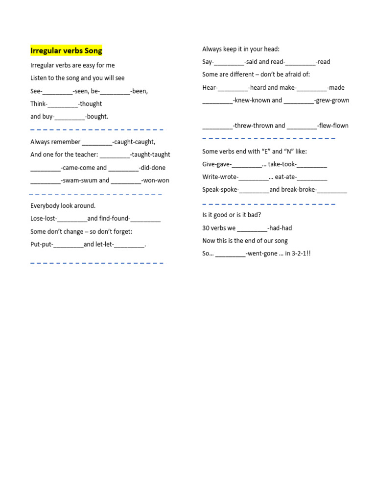 Irregular Verbs Song Exercise | PDF