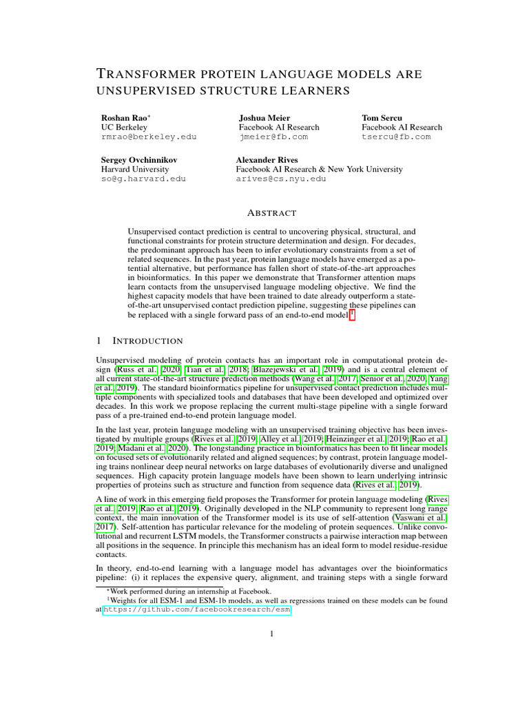 2020 - Transformer Protein Language Models Are Unsupervised Structure ...