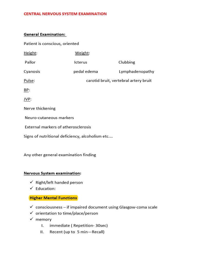 Neuro Examination Format Archith PDF | PDF | Anatomical Terms Of Motion ...