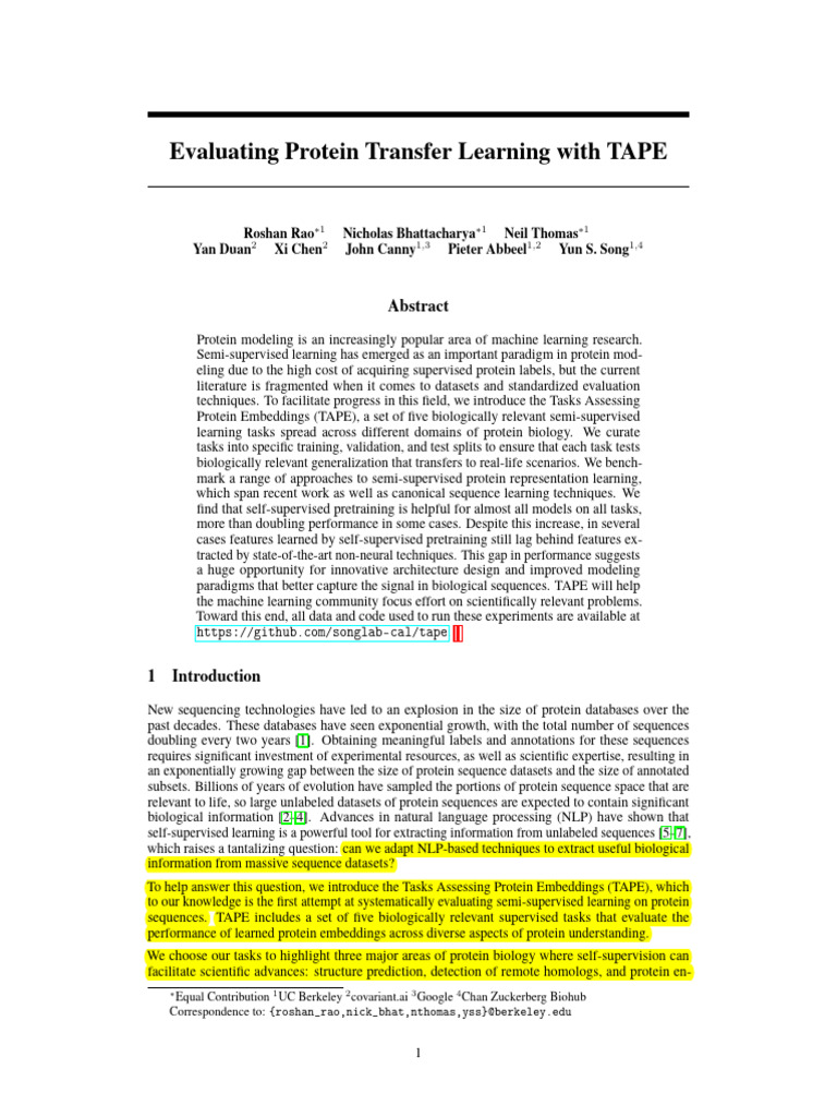 Protein Transfer Learning Evaluation with TAPE | PDF | Sequence ...
