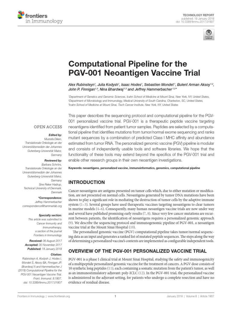 2018 - Computational Pipeline for the PGV-001 Neoantigen Vaccine Trial | PDF | Mutation | Gene ...