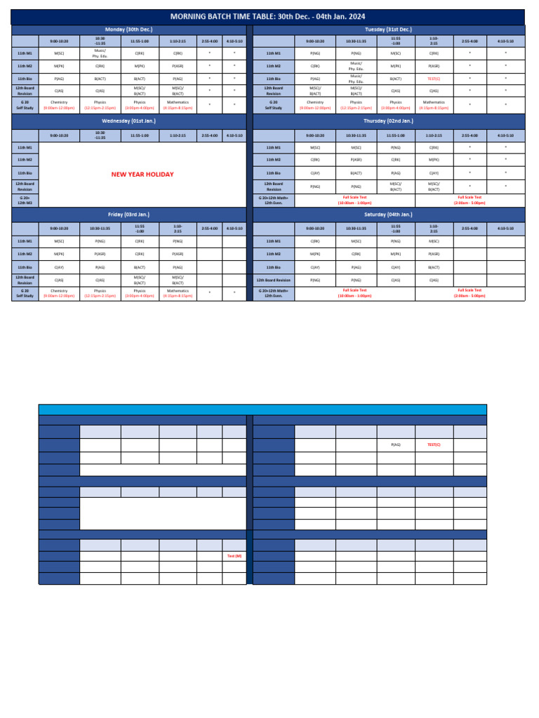Timetable 30th Dec - 4th Jan | PDF