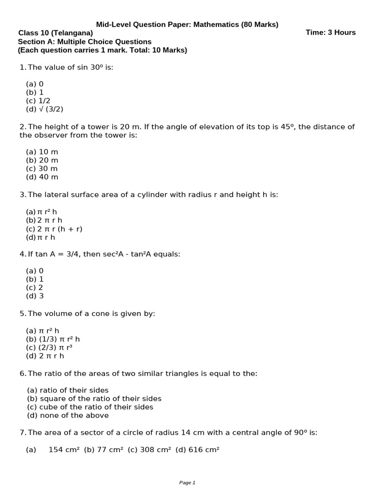 Formatted Maths Question Paper Class10 | PDF | Area | Pi