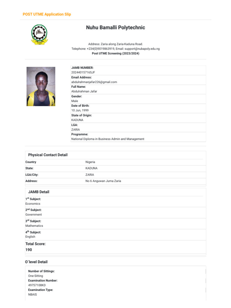 Nuhu Bamalli Polytechnic - POST UTME Application Slip | PDF