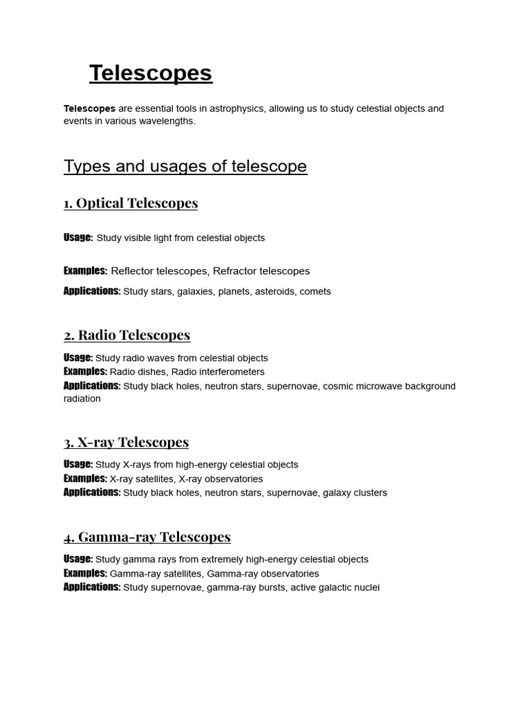 Types of Telescopes and Their Uses | PDF