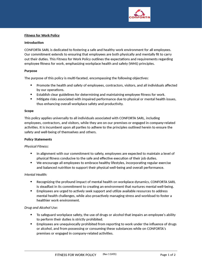 Fitness for Work Policy Overview | PDF | Physical Fitness ...