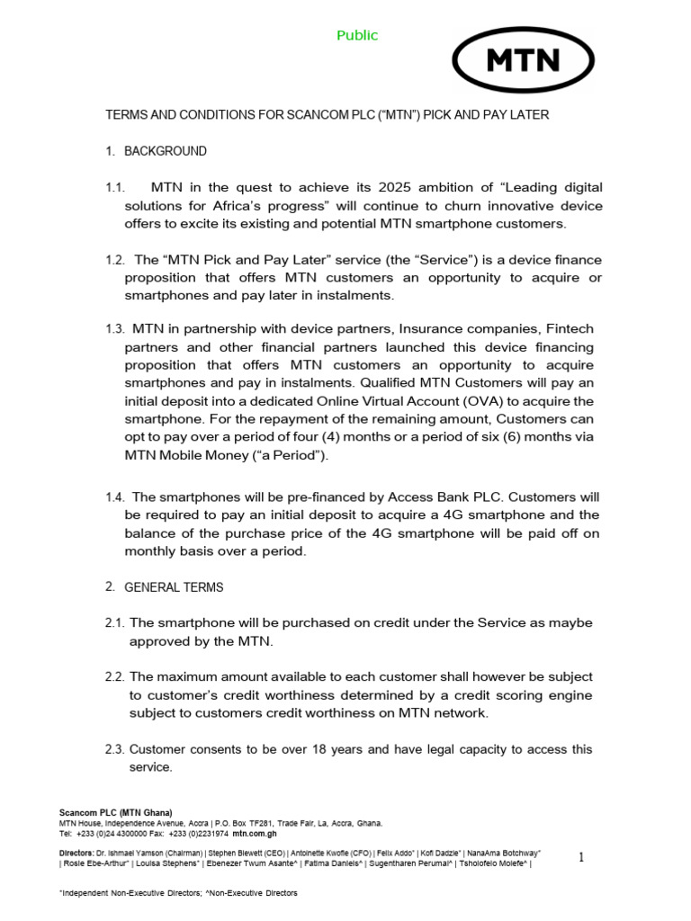 Terms and Conditions For Scancom PLC MTN Pick and Pay Later | PDF ...