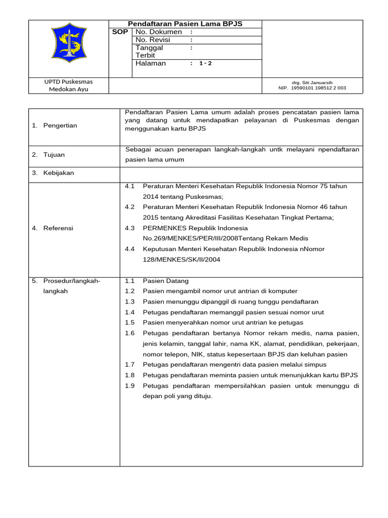 3 Sop Pendaftaran Pasien Lama BPJS | PDF