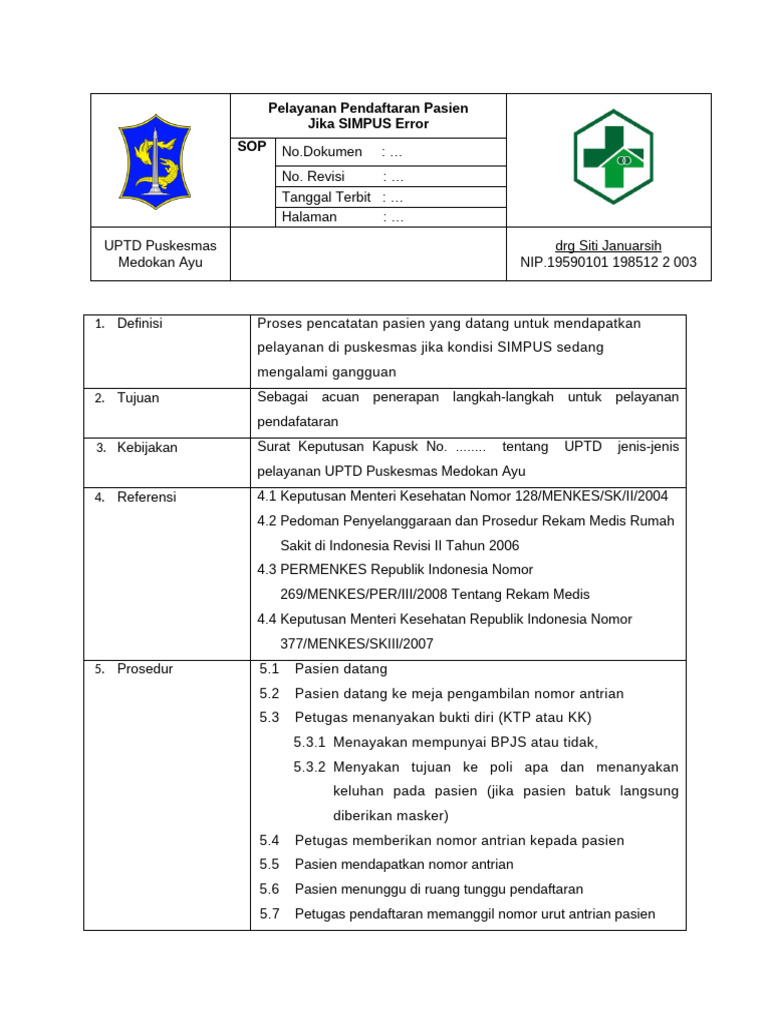 SOP Pelayanan Pendaftaran Pasien Jika Simpus Error | PDF