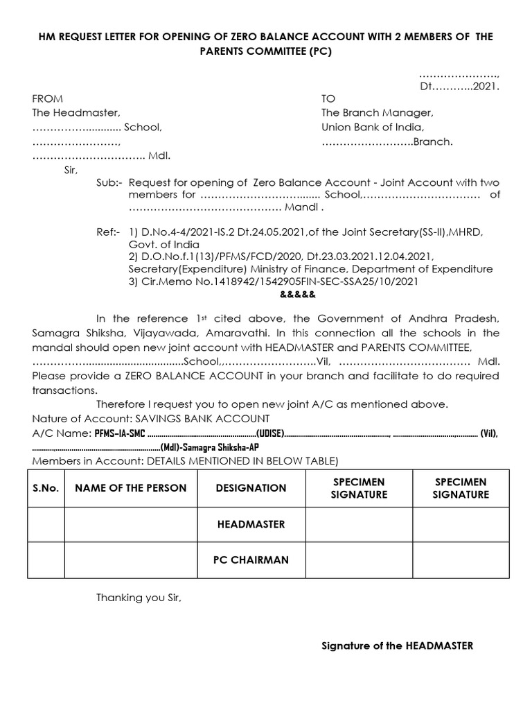 PFMS Opening of Zero Balance Accounts For SMC MRC CRC KGBV Application Form | PDF | Economy Of ...
