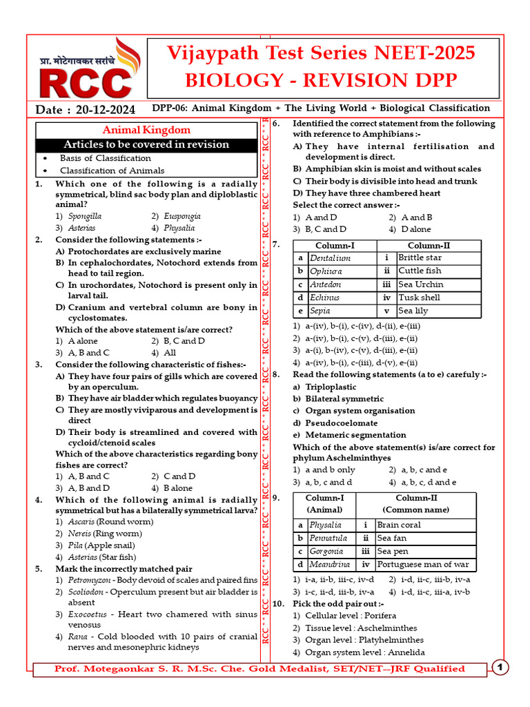 Vijaypath Test Series NEET-2025 Biology - Revision DPP: Date: 20-12 ...