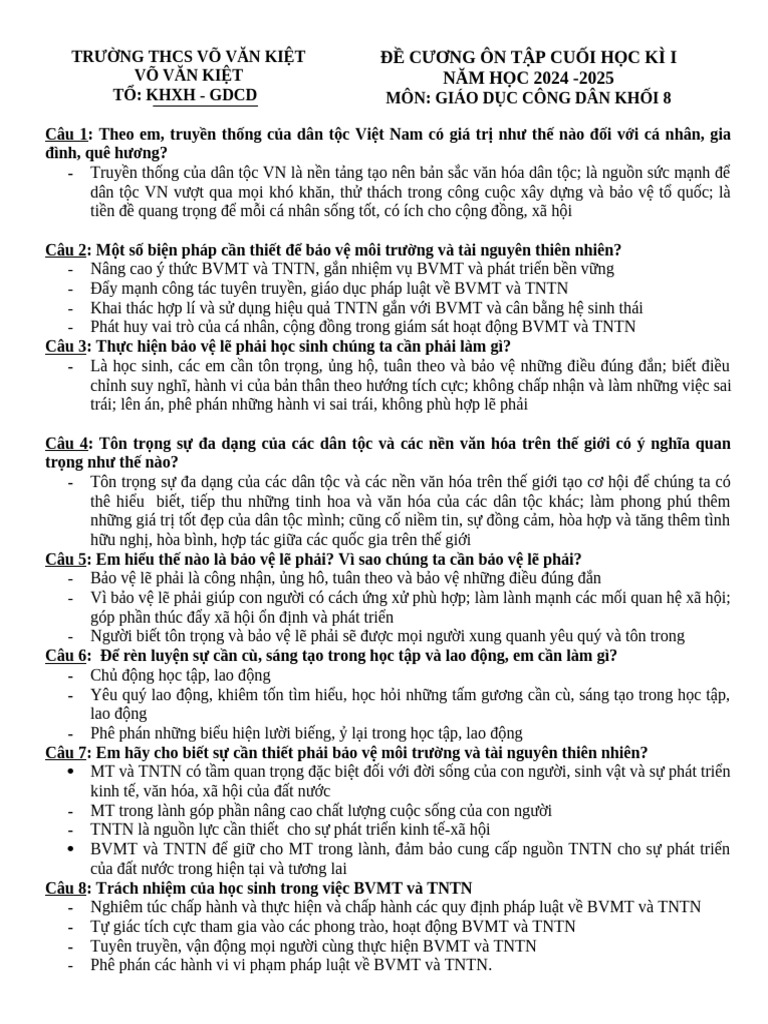 ĐỀ CƯƠNG GDCD 8 HK1 | PDF