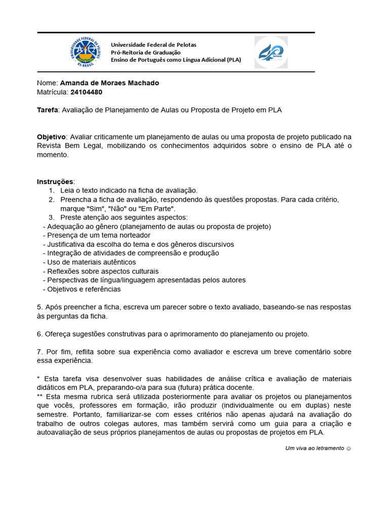 Tarefa 4 Avaliacao de Plano Ou Projeto - Documentos Google | PDF
