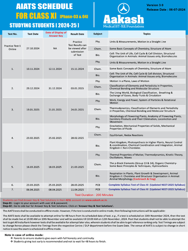 2M02 AIATS Schedule For Class XI Studying (2024-25) - Phase-03 & 04 Version 1.0 | PDF
