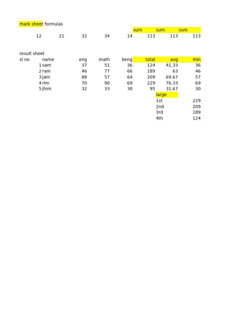 My Excel Practice Sheet On Mark Sheet | PDF