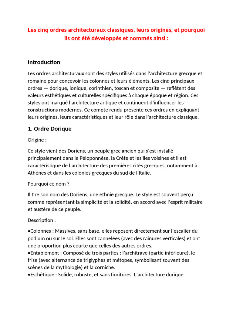 Cinq ordres architecturaux classiques | PDF | Colonne | Grèce ancienne
